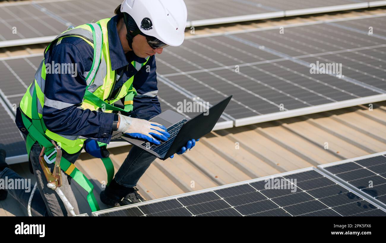 Professional engineer technician with safety helmet checking system ...