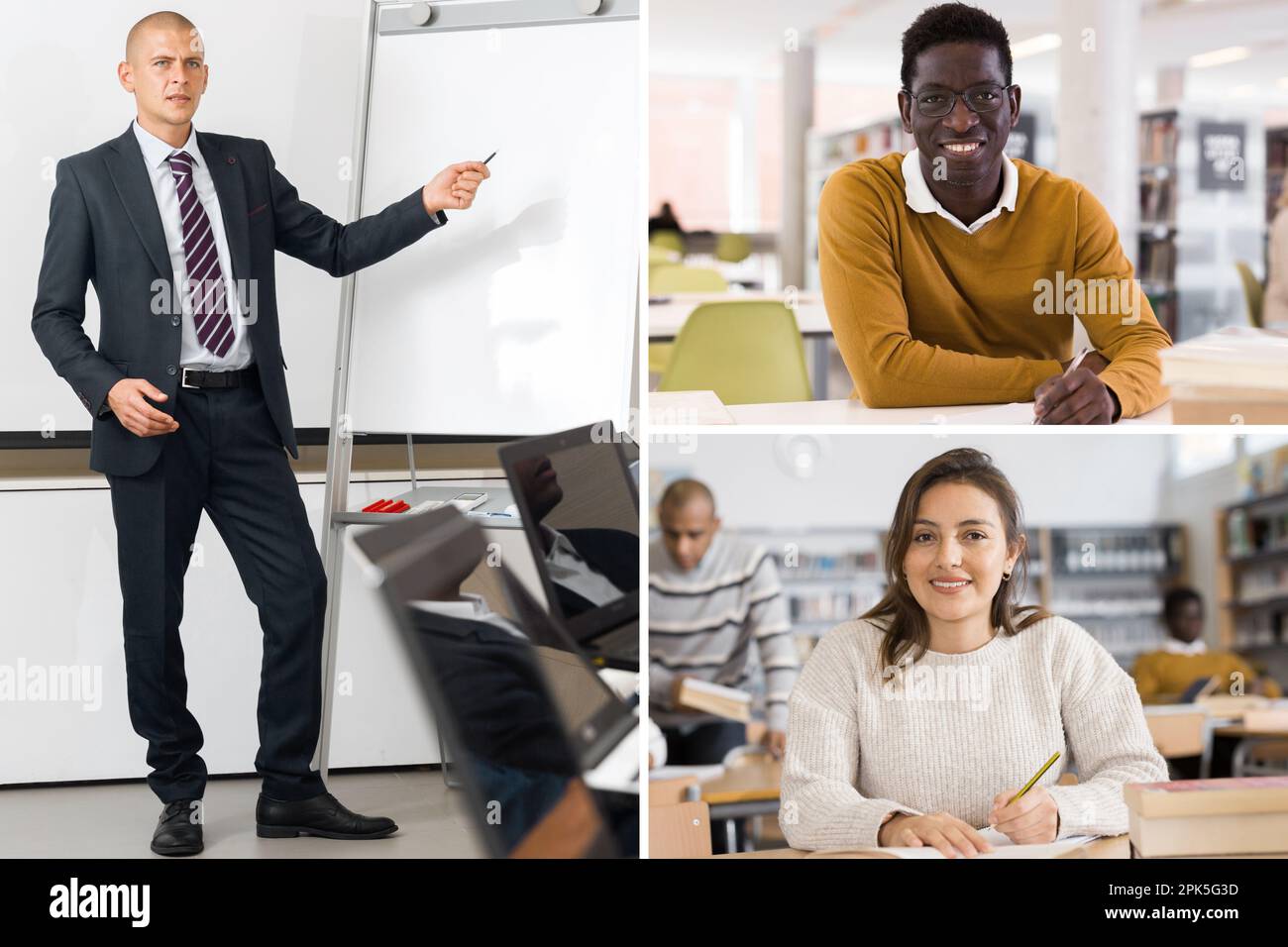 Collage of portraits of interested people teaching and studying Stock ...