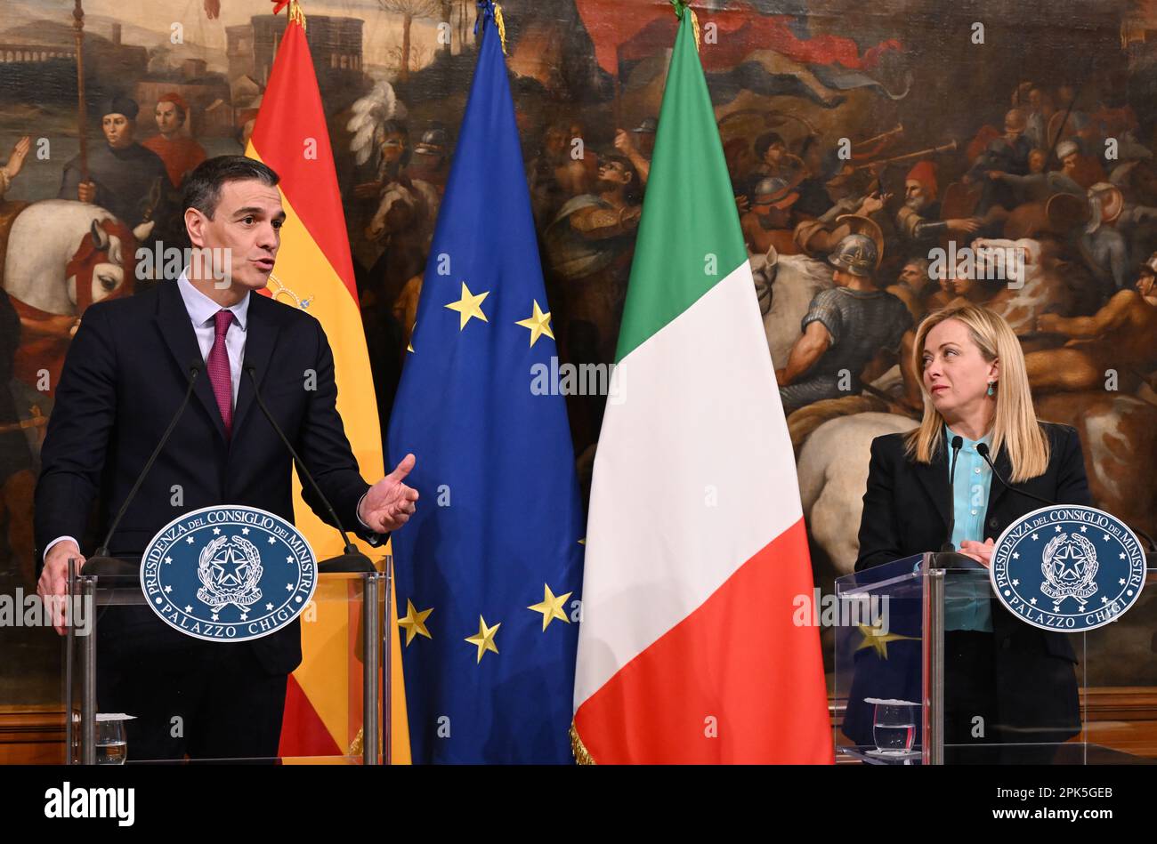 Rome, Italy. 5th Apr, 2023. Italian Prime Minister Giorgia Meloni (R ...