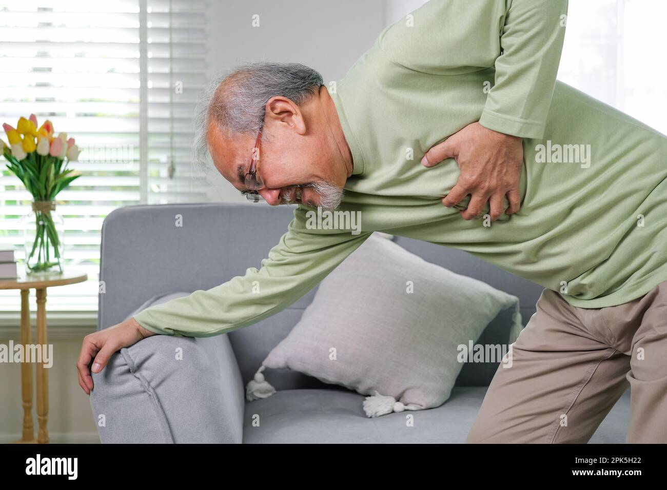 Heart attack symptoms, Senior heart attack suffering indoor Stock Photo ...
