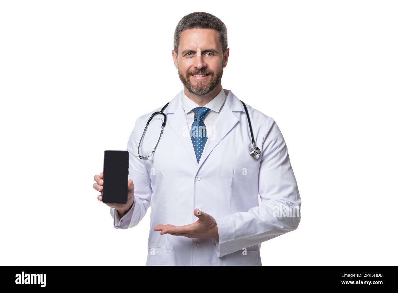 medical application. happy man doctor presenting medical phone ...
