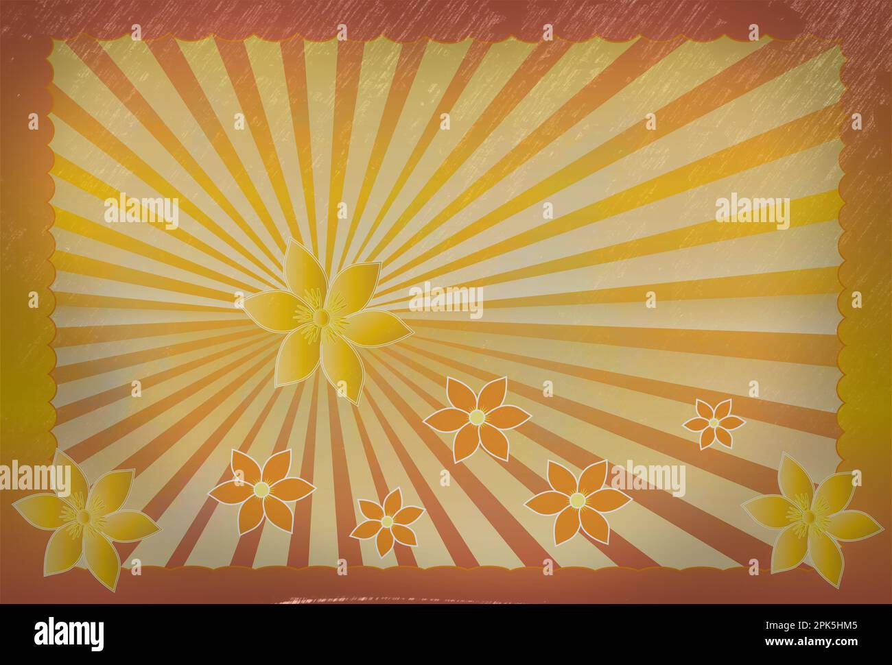 yellow sun-ray with orange border and yellow background with flowers on ...