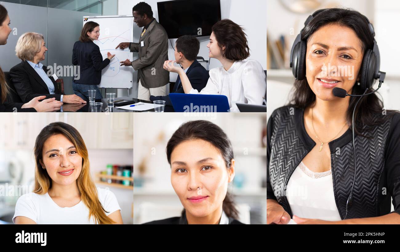 Collage of portraits of mixed age group of focused business ...