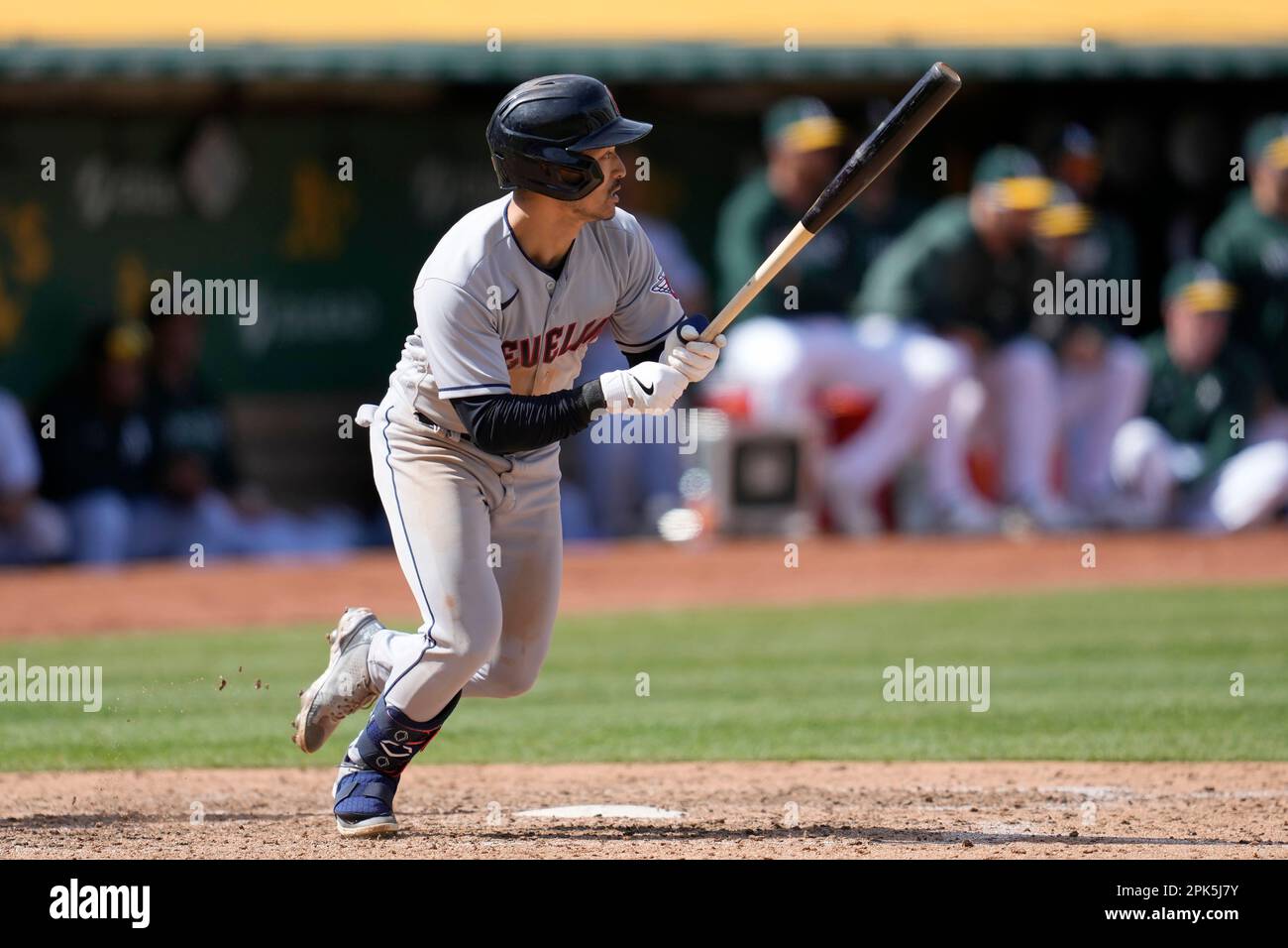 Cleveland Guardians' Steven Kwan watches his RBI single during the 10th ...