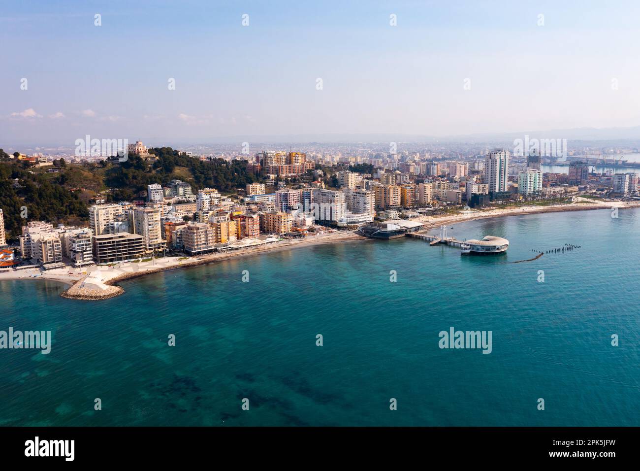 Seaside cityscape of Durres on Adriatic coast with landscaped promenade ...