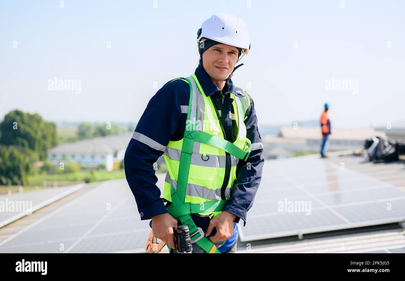 Professional engineer technician with safety helmet checking system ...