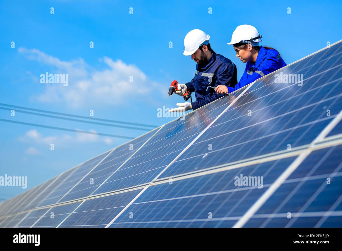 Solar panel station, Engineer installing solar panel at solar energy ...