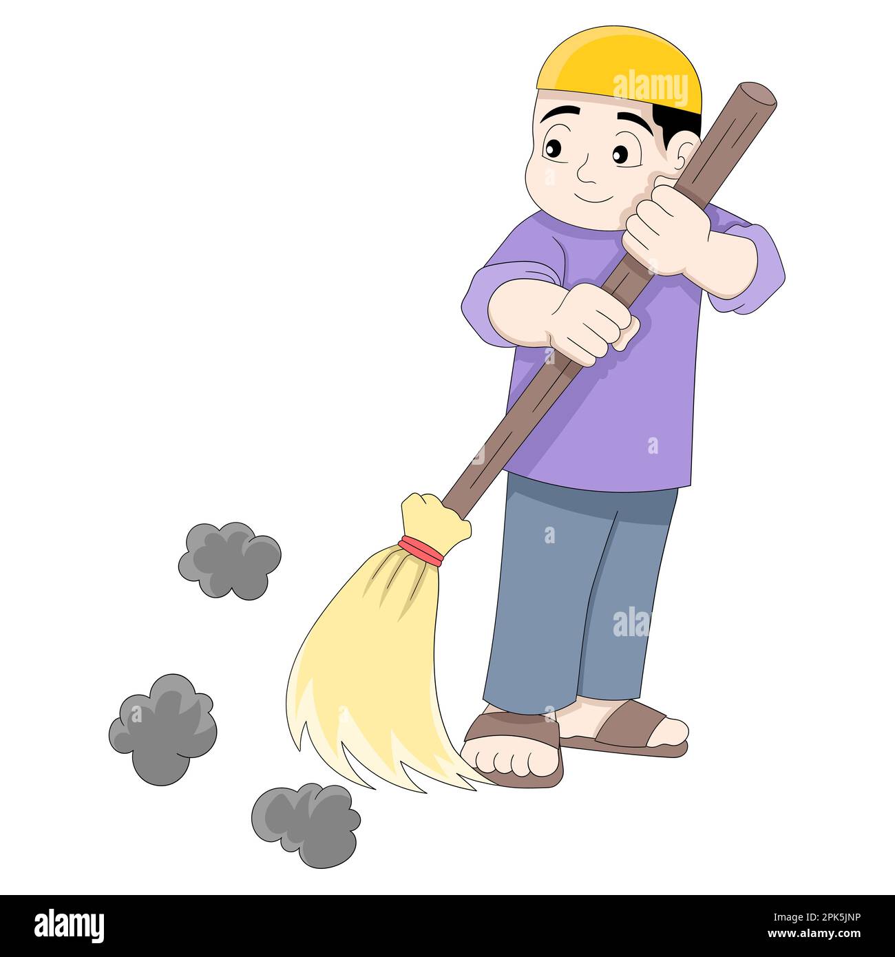 diligent boy sweeping the yard keeping the environment clean. vector ...