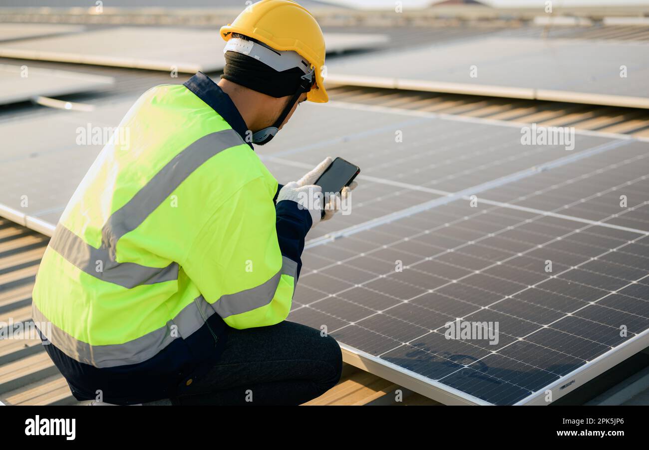Professional engineer technician with safety helmet checking system ...