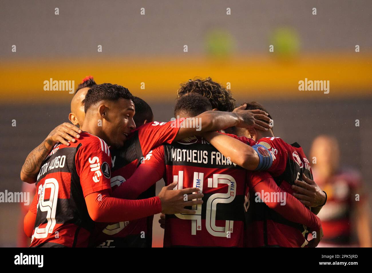 Matheus Franca of Brazil's Flamengo, center, celebrates with teammates ...