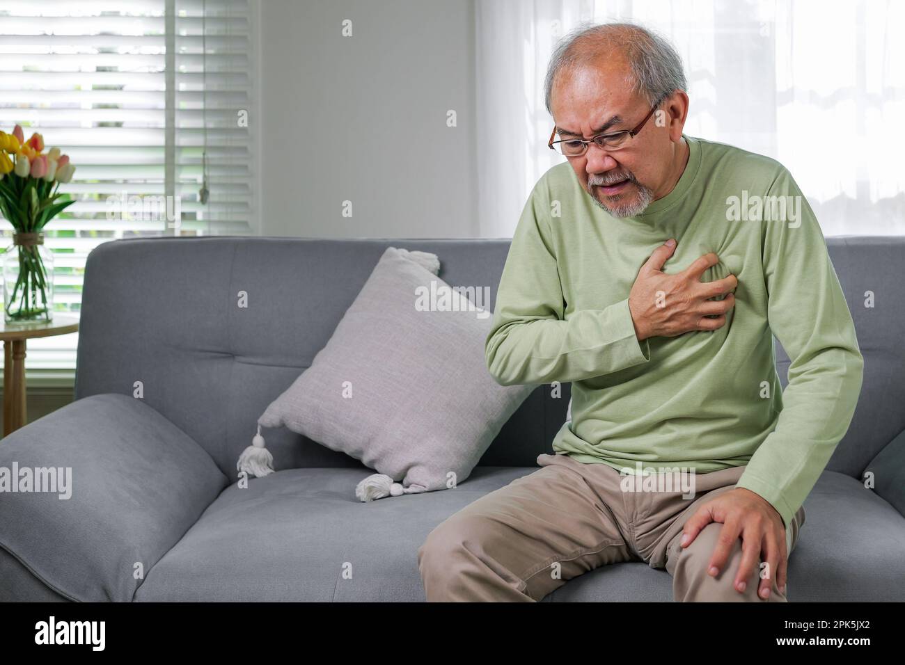 Heart attack symptoms, Senior heart attack suffering indoor Stock Photo ...