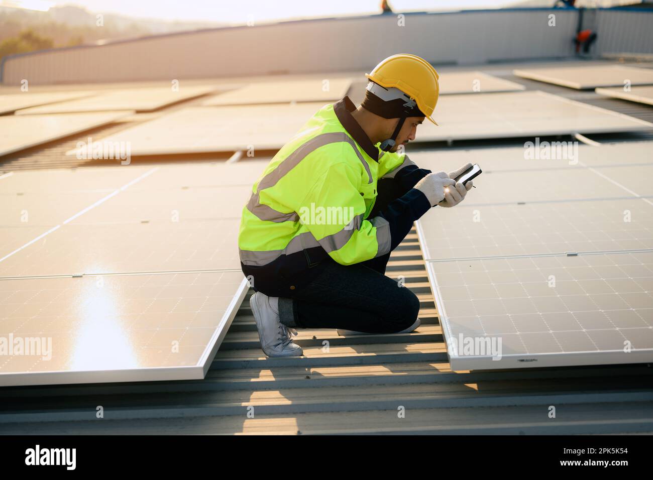 Professional engineer technician with safety helmet checking system ...