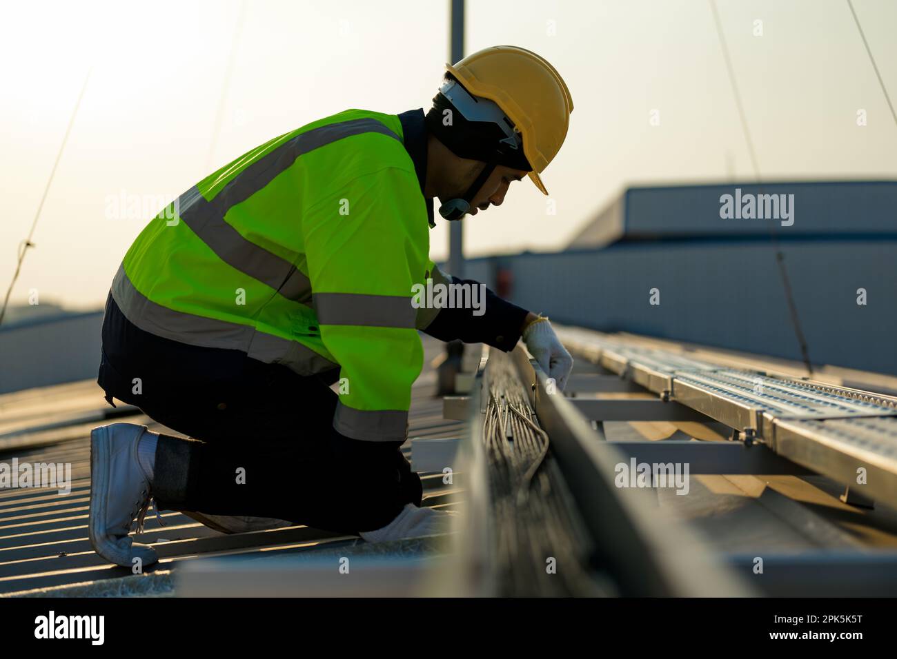 Professional engineer technician with safety helmet checking system ...