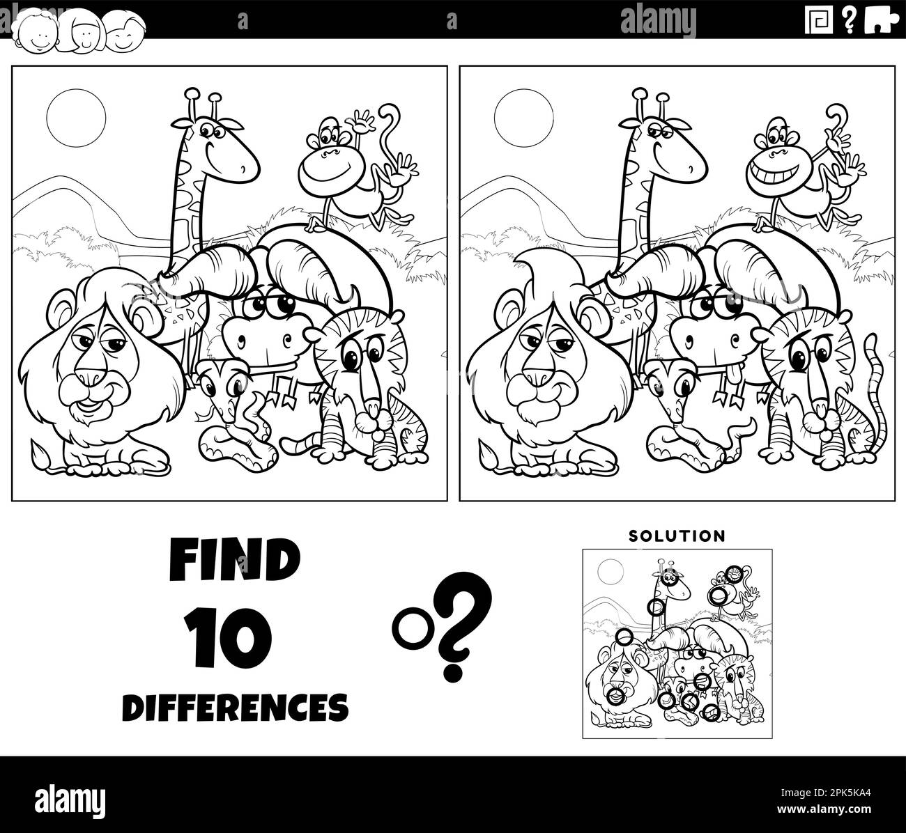 Black and white cartoon illustration of finding the differences between ...