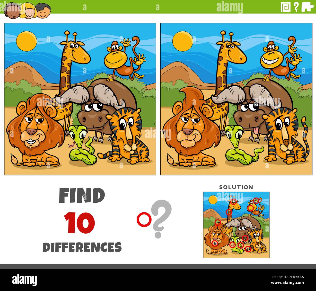 Cartoon illustration of finding the differences between pictures educational task with Safari ...