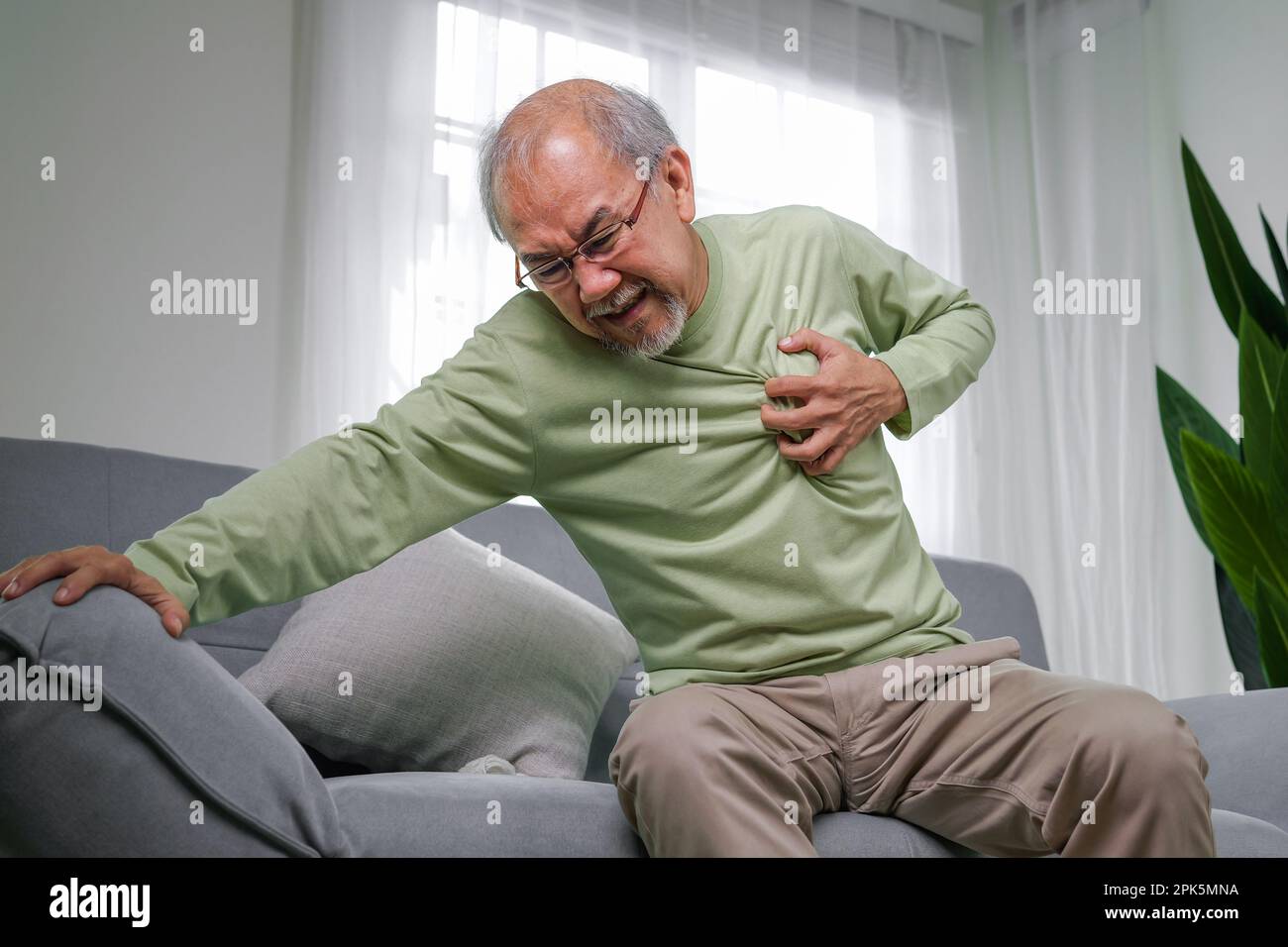 Heart attack symptoms, Senior heart attack suffering indoor Stock Photo - Alamy
