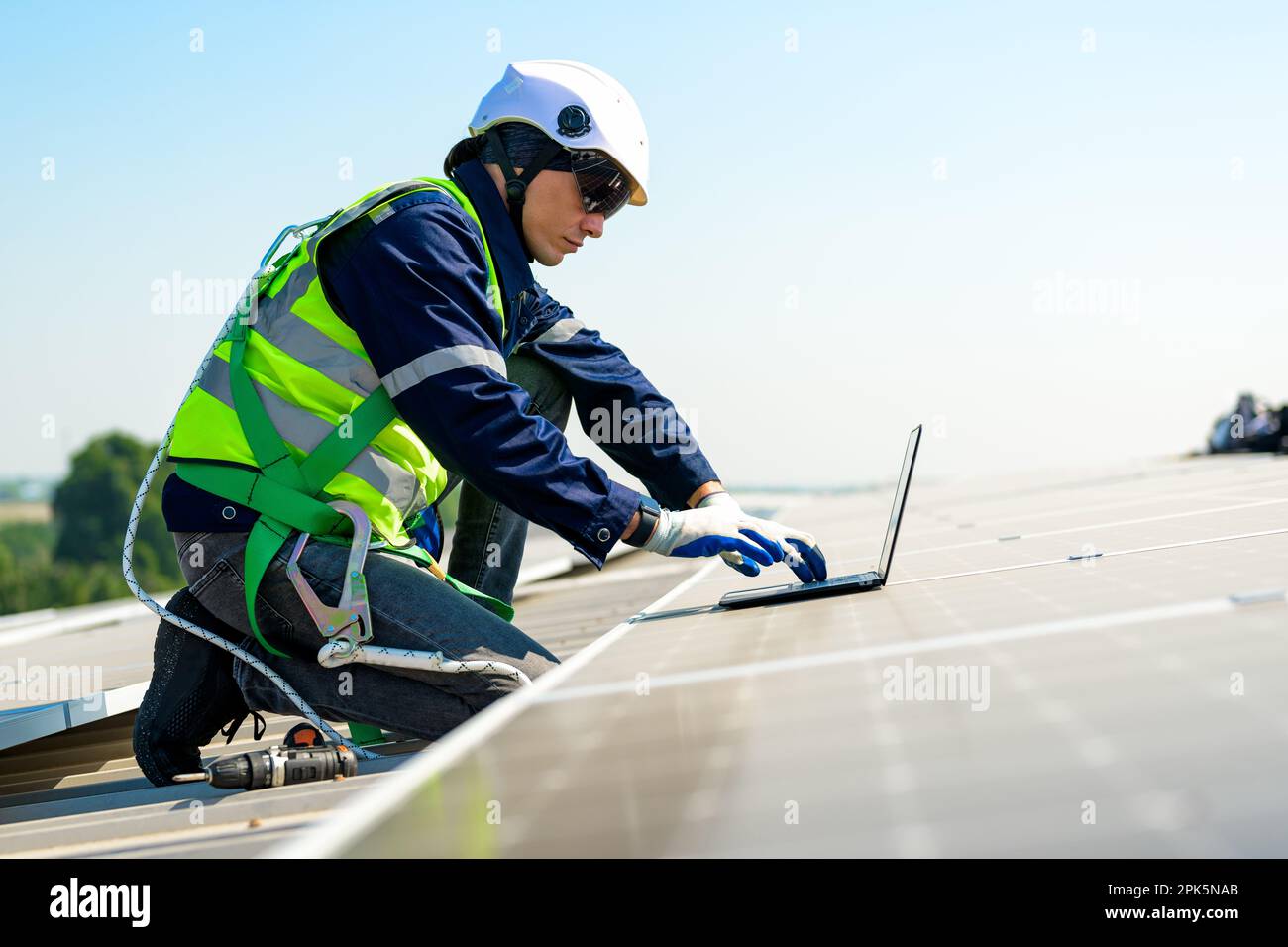 Professional engineer technician with safety helmet checking system ...