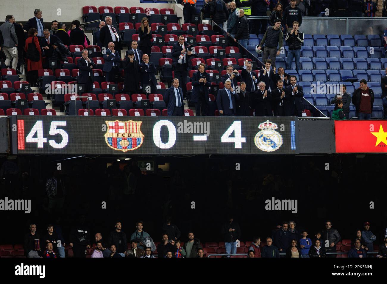 Barcelona, Spain. 5th Apr, 2023. The scoreboard shows a 0-4 result ...