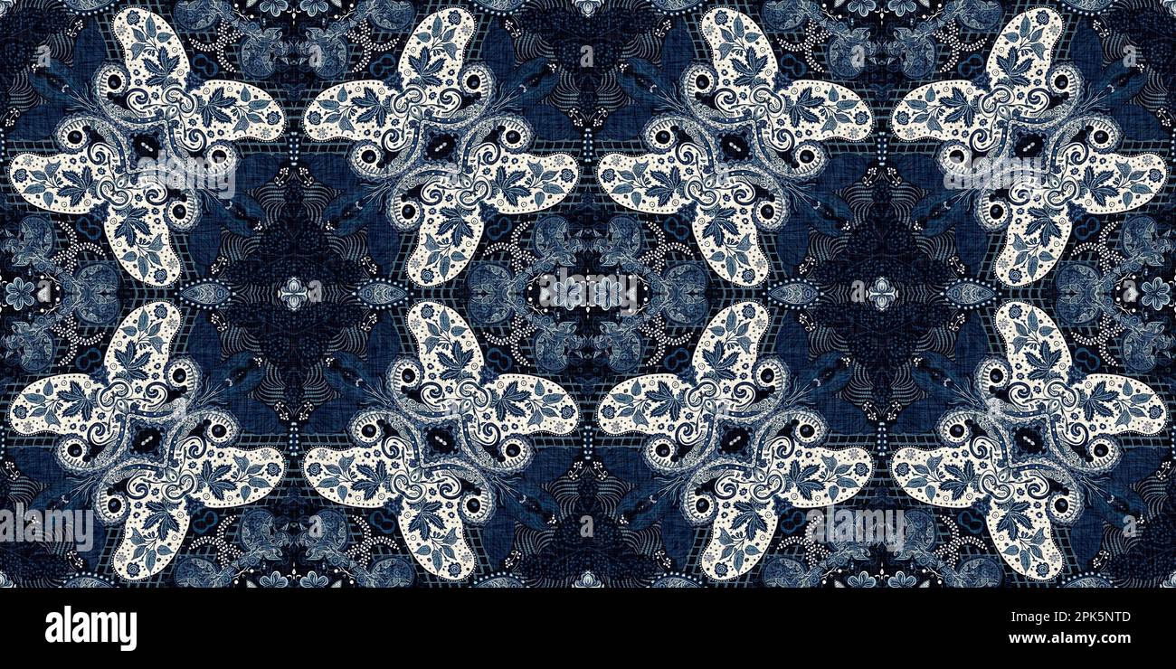 Retro indigo floral bandana 2 tone patterned fabric border background ...