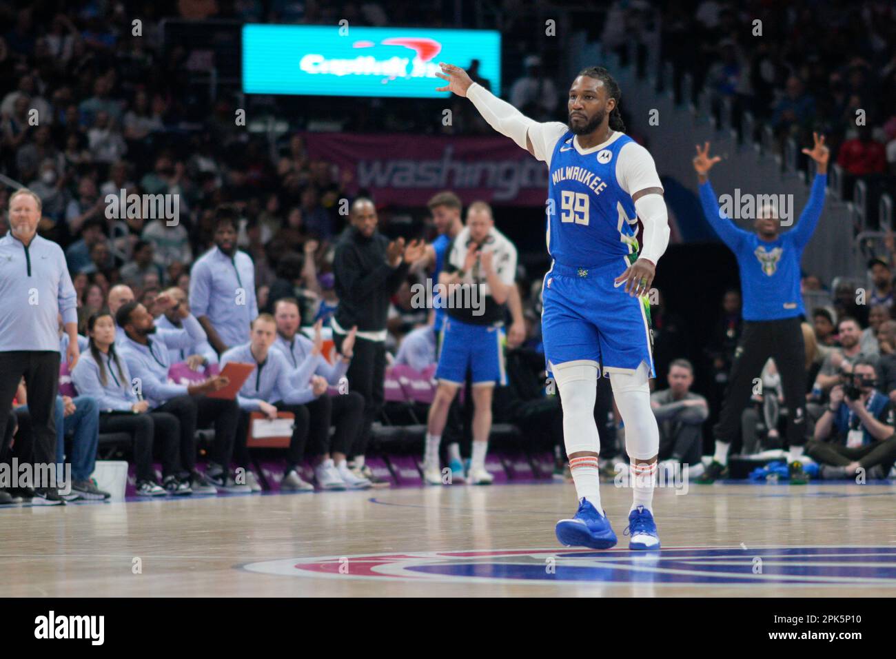 Milwaukee Bucks forward Jae Crowder (99) reacts after scoring against ...