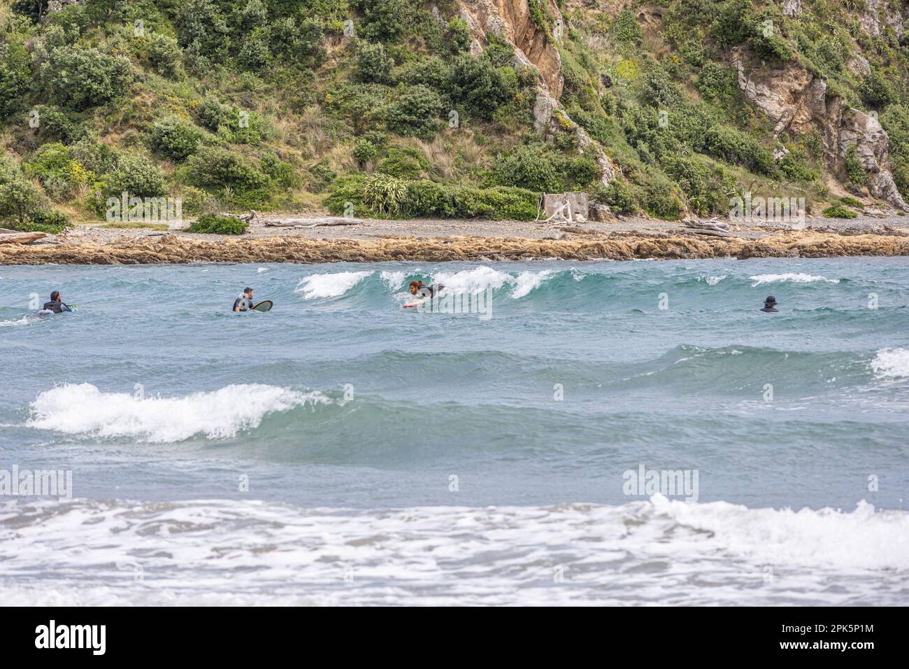 Surfers at Titahi Bay, Porirua Stock Photo - Alamy
