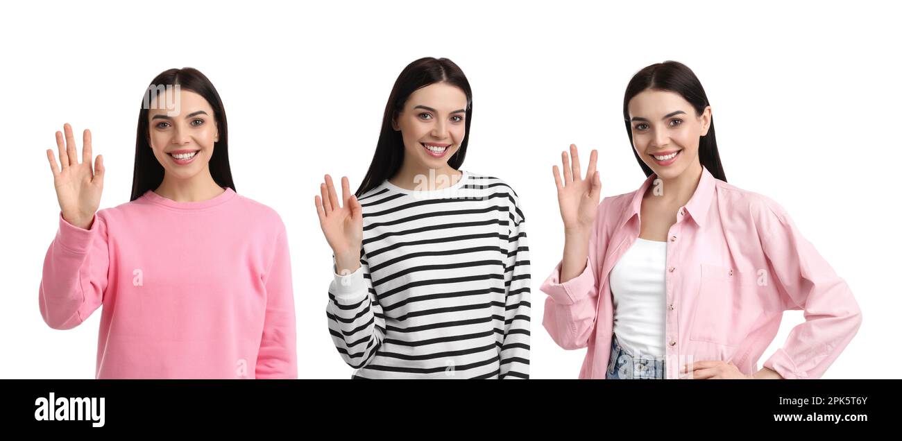 Collage with photos of cheerful woman showing hello gesture on white ...