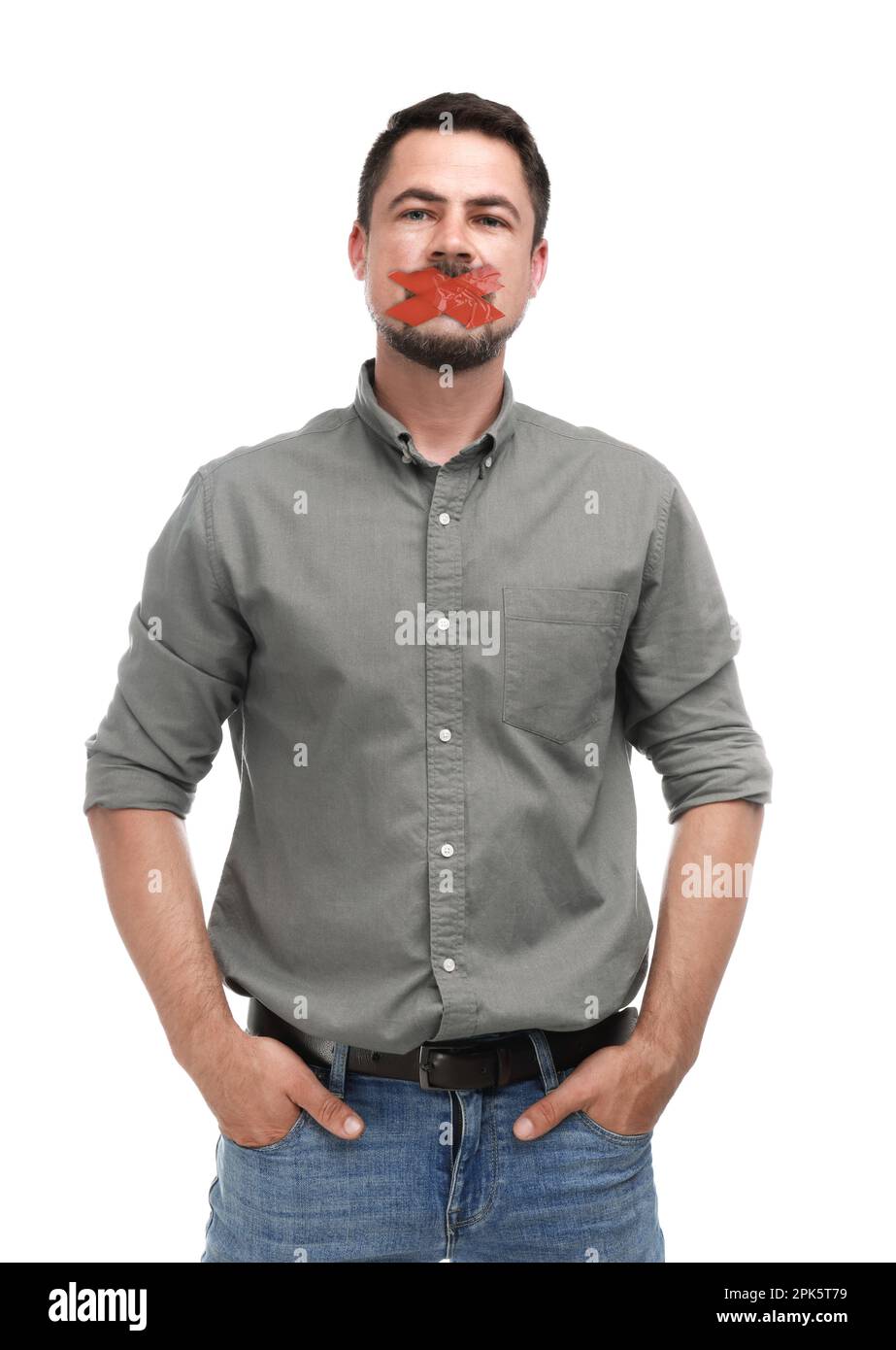 Mature man with taped mouth on white background. Speech censorship ...