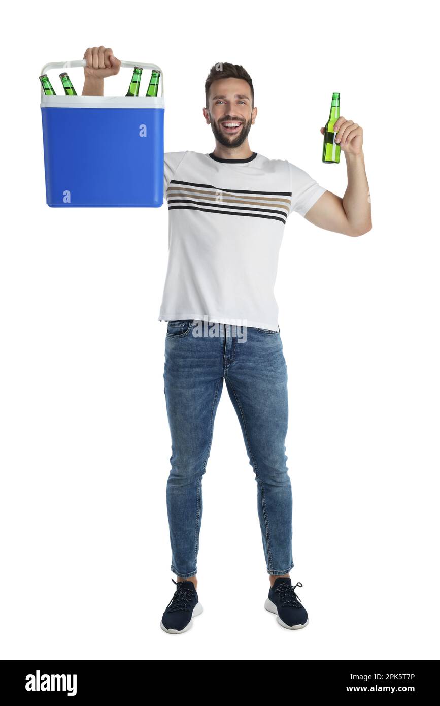 Happy man with cool box and bottles of beer on white background Stock ...