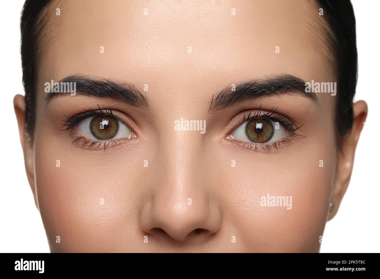 Woman with beautiful hazel eyes on white background, closeup Stock ...