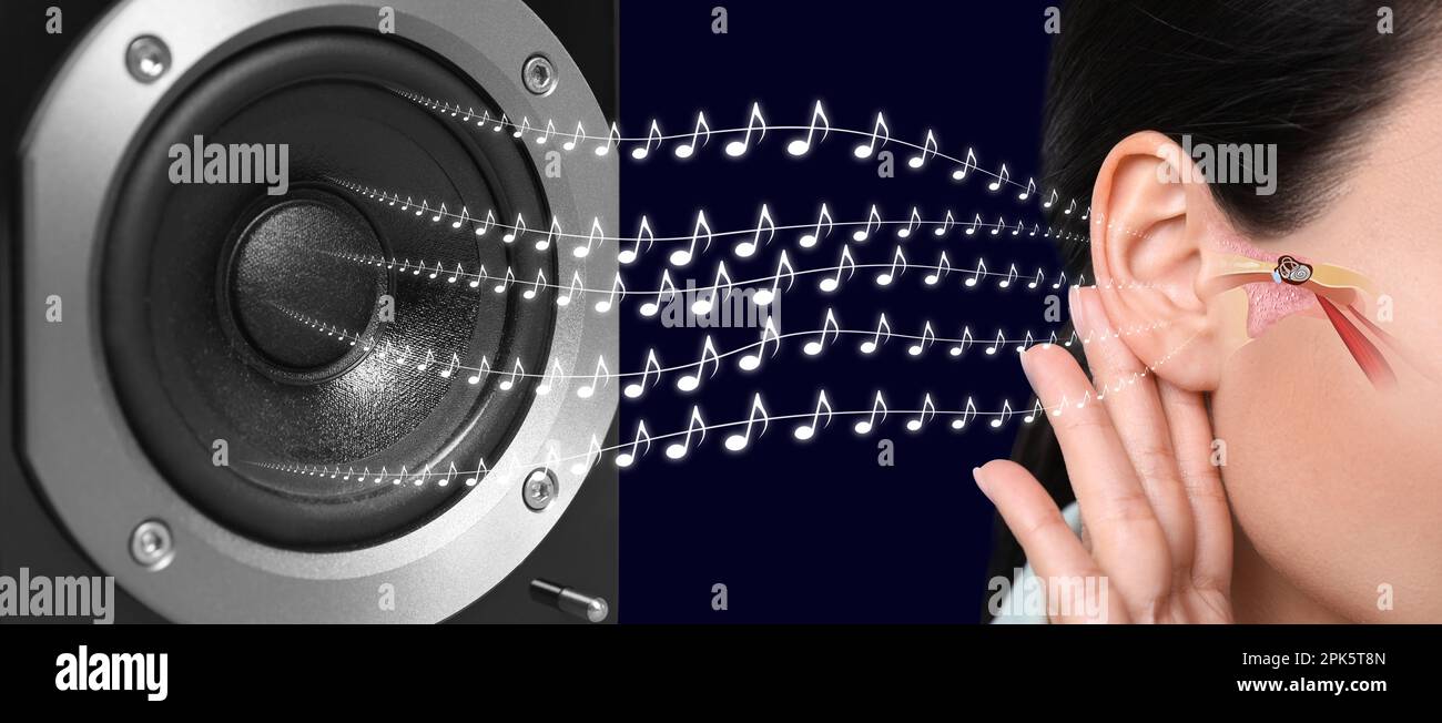 Modern audio speaker and woman listening to music on black background ...