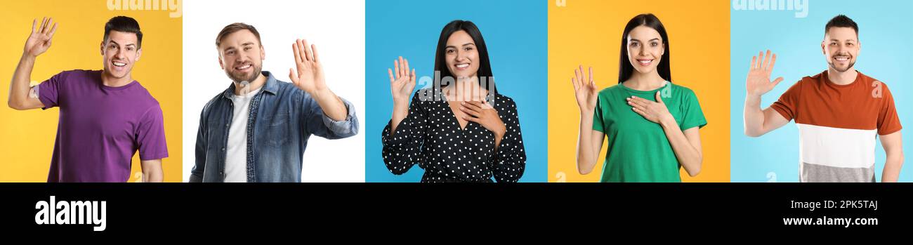 Collage with photos of cheerful people showing hello gesture on ...
