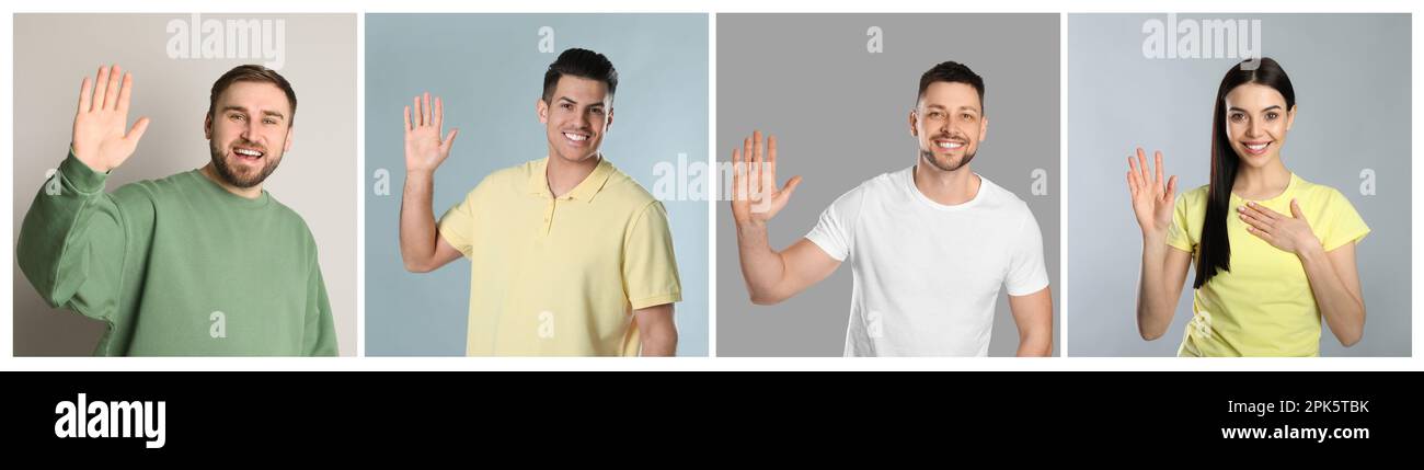Collage with photos of cheerful people showing hello gesture on ...