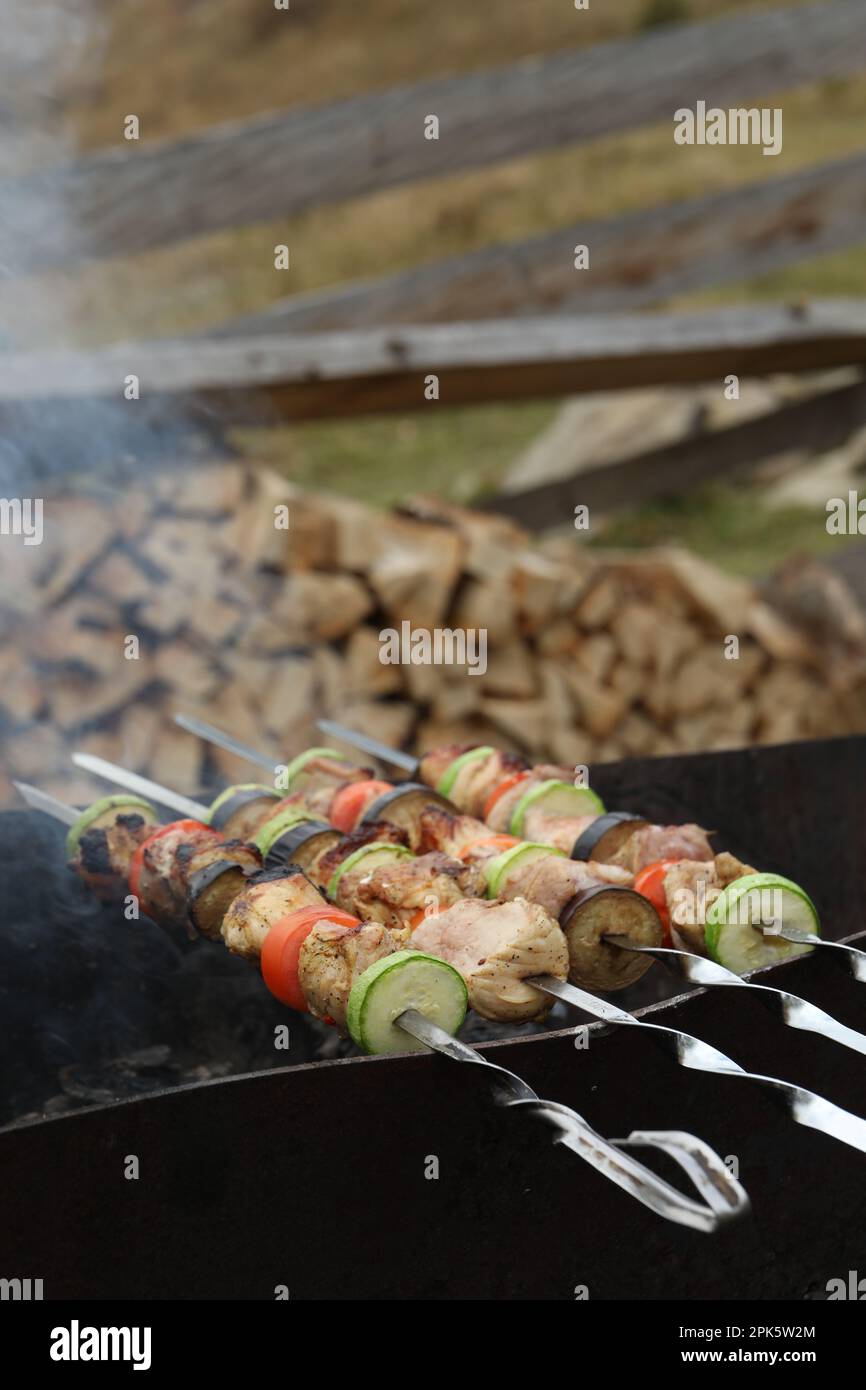 Cooking meat and vegetables on brazier outdoors Stock Photo - Alamy