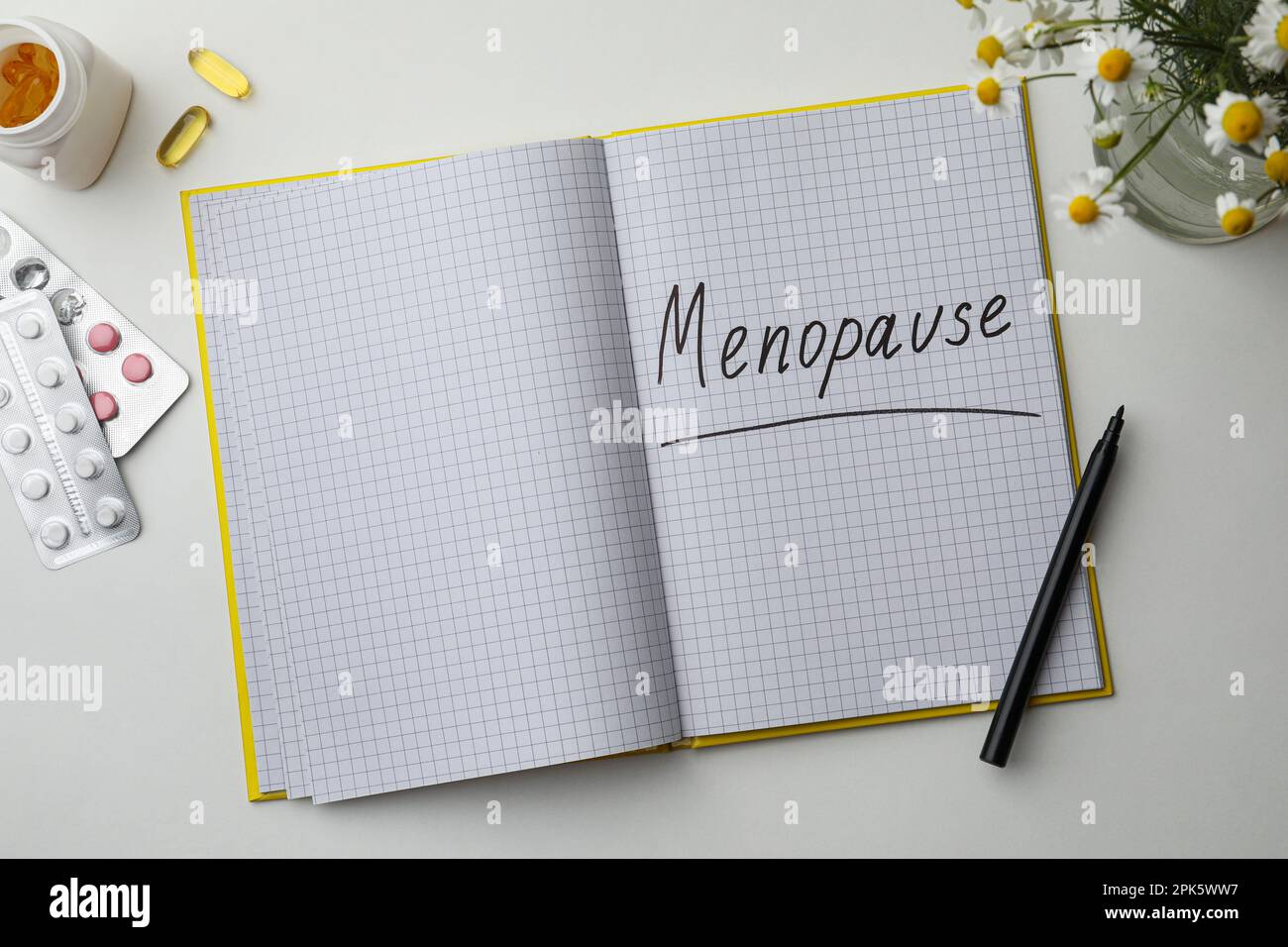 Notebook with word Menopause, pills, pen and flowers on white ...