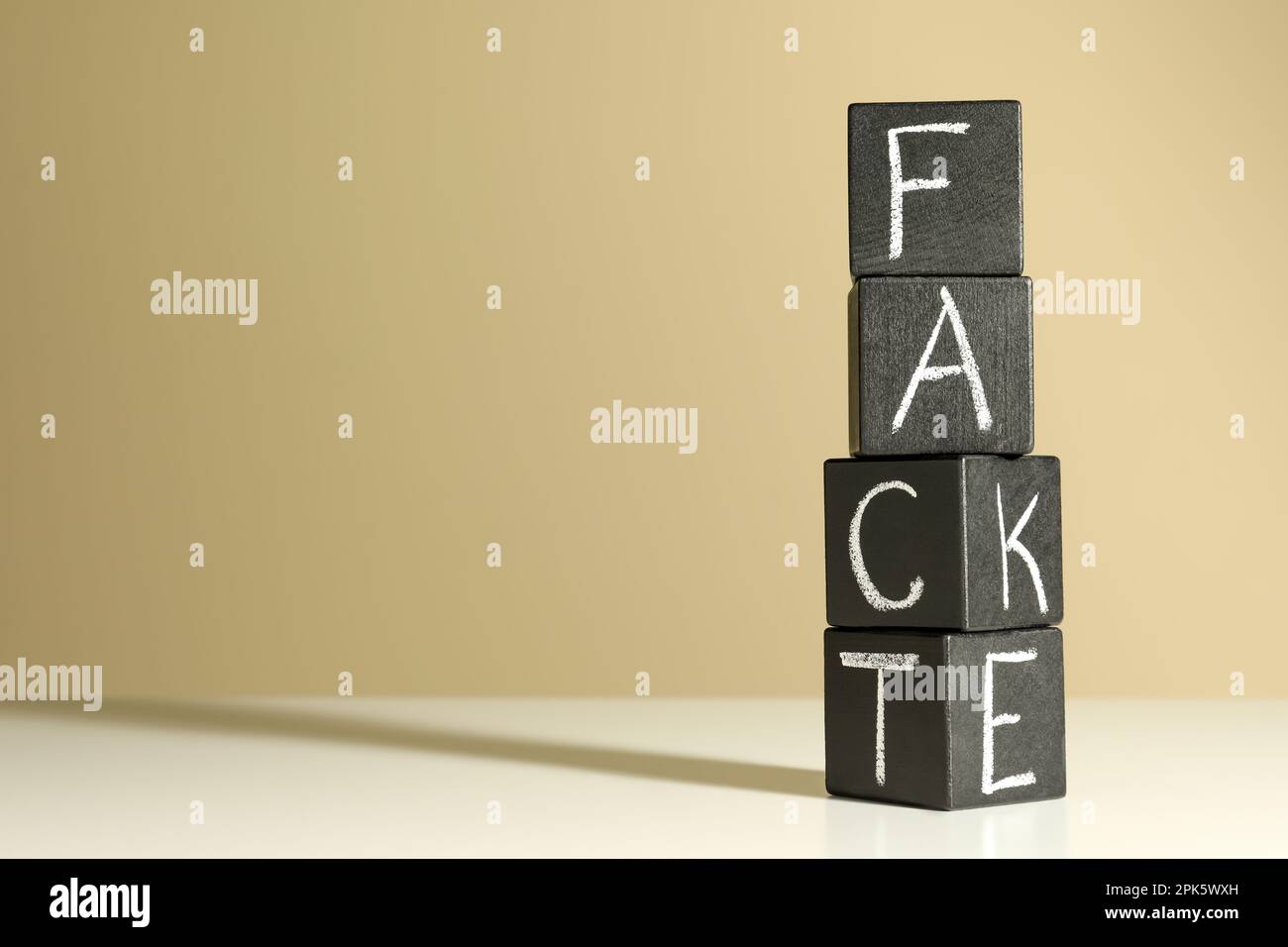 Words FAKE and FACT made with black cubes on white table, space for ...