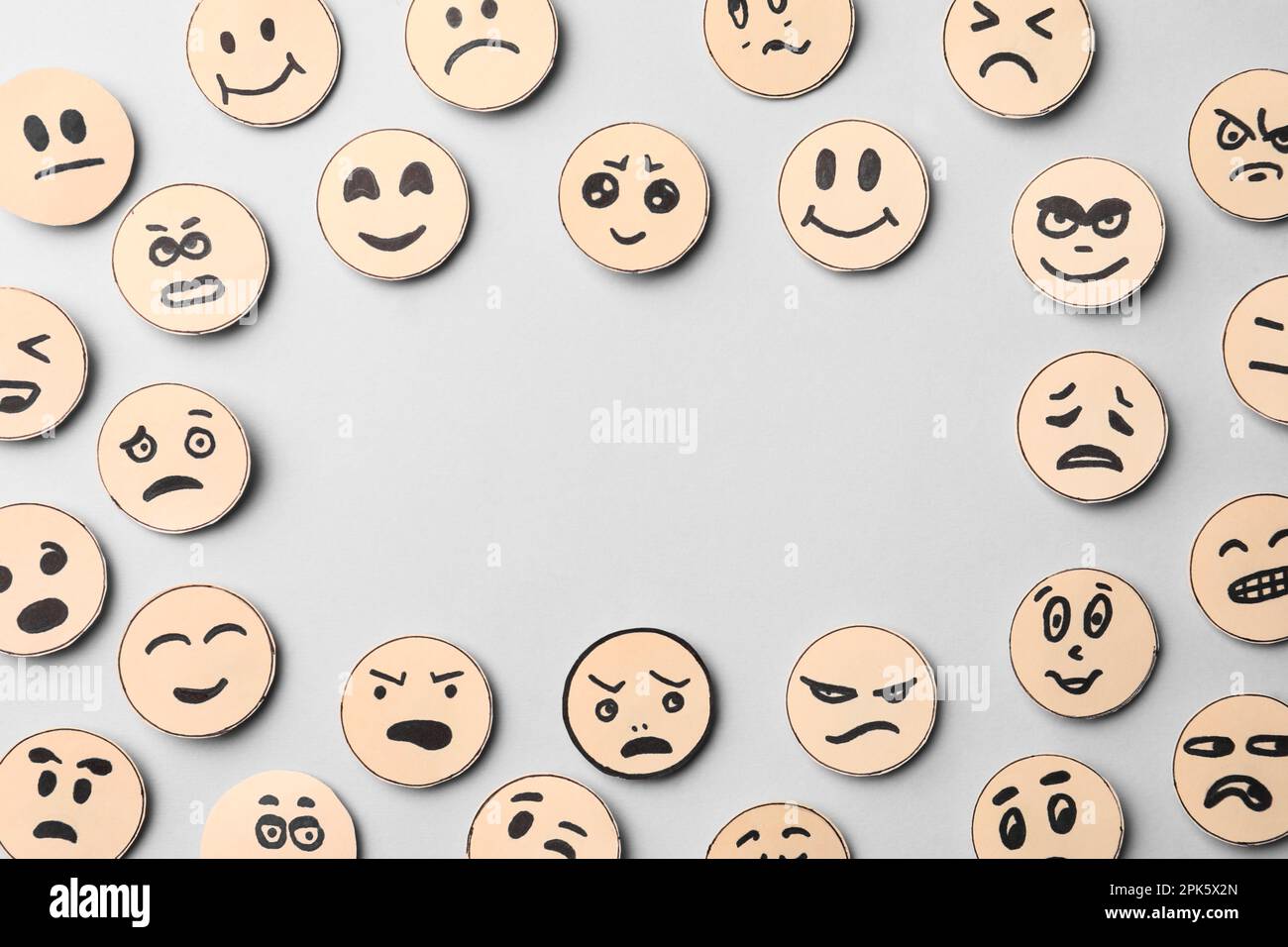 Frame of many faces with different emotions on grey background, flat ...