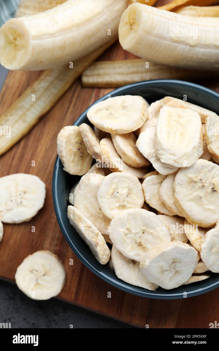 Freeze dried and fresh bananas on table, top view Stock Photo - Alamy