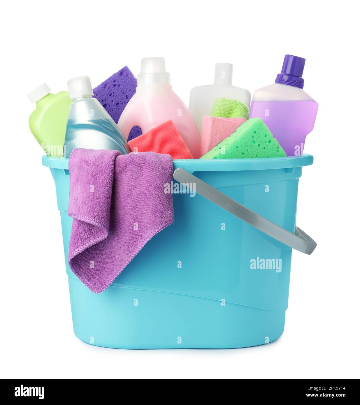 Light blue plastic bucket with cleaning supplies and tools isolated on ...