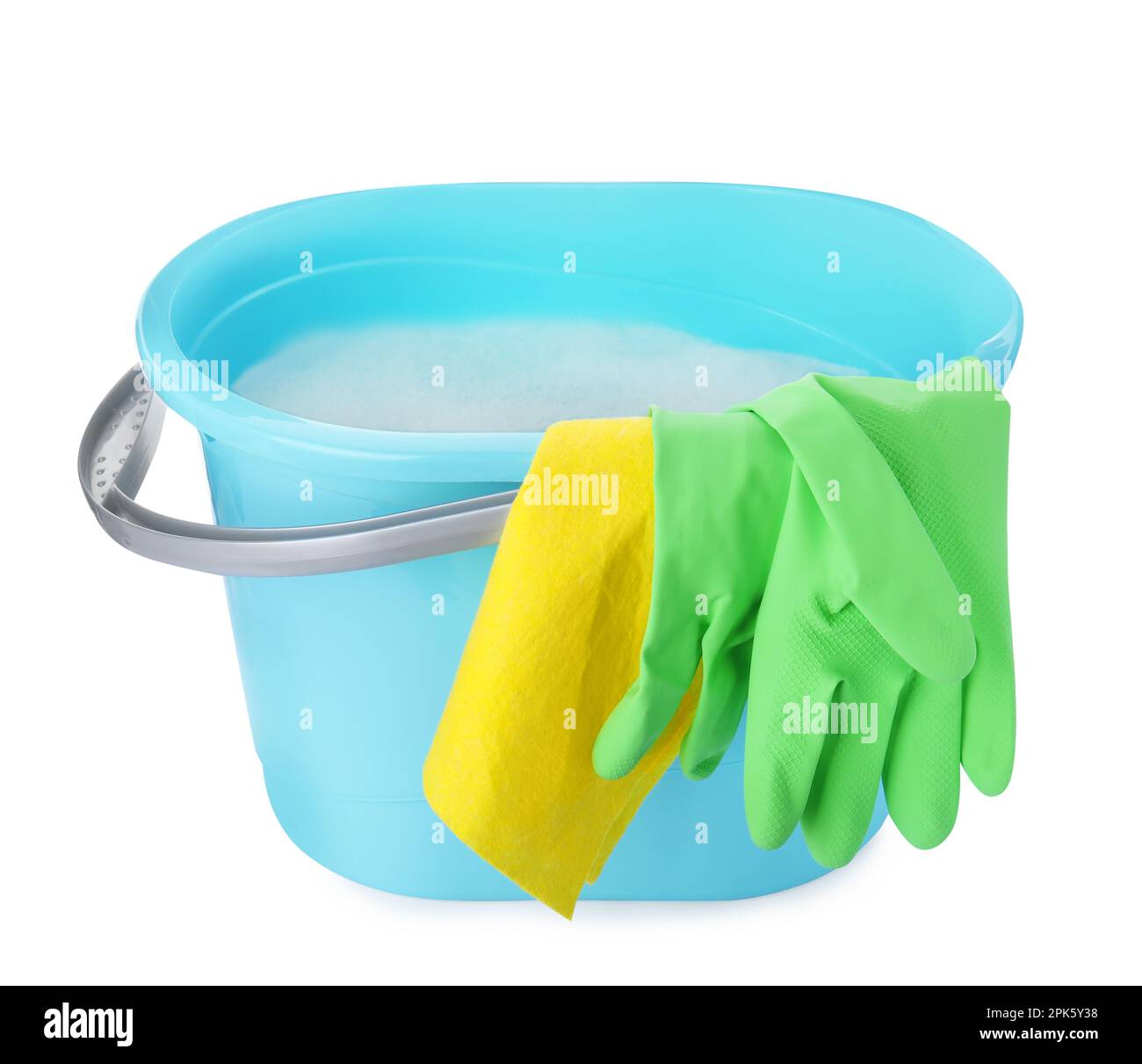 Blue bucket with rag and gloves isolated on white Stock Photo - Alamy