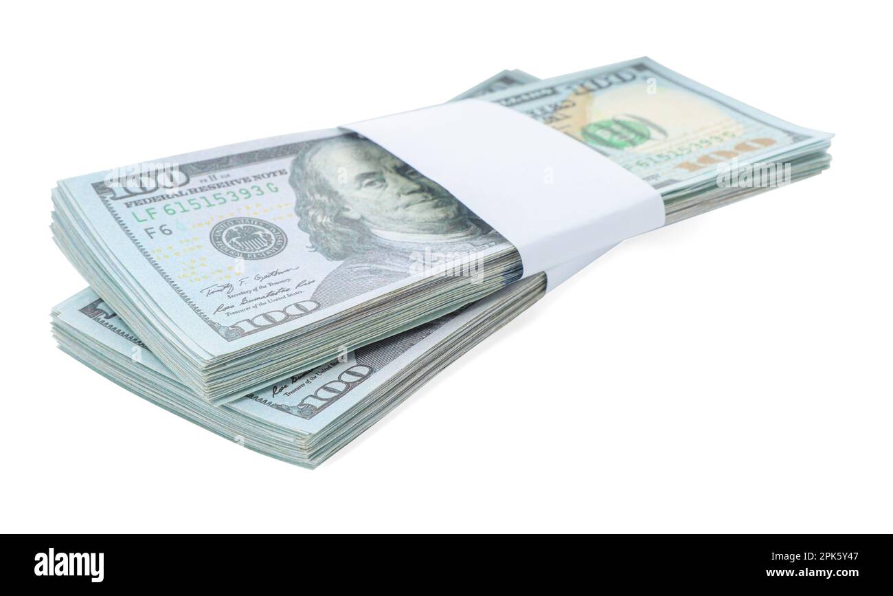 Bundles of dollar banknotes isolated on white. American national ...