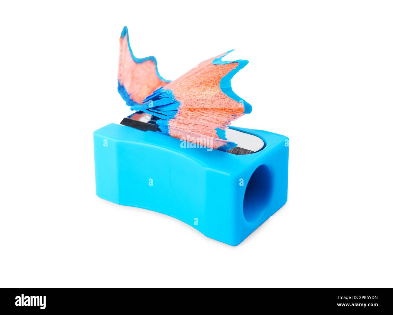 Light blue sharpener with pencil shavings on white background Stock ...