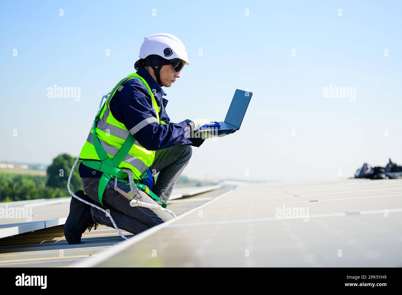 Professional engineer technician with safety helmet checking system ...