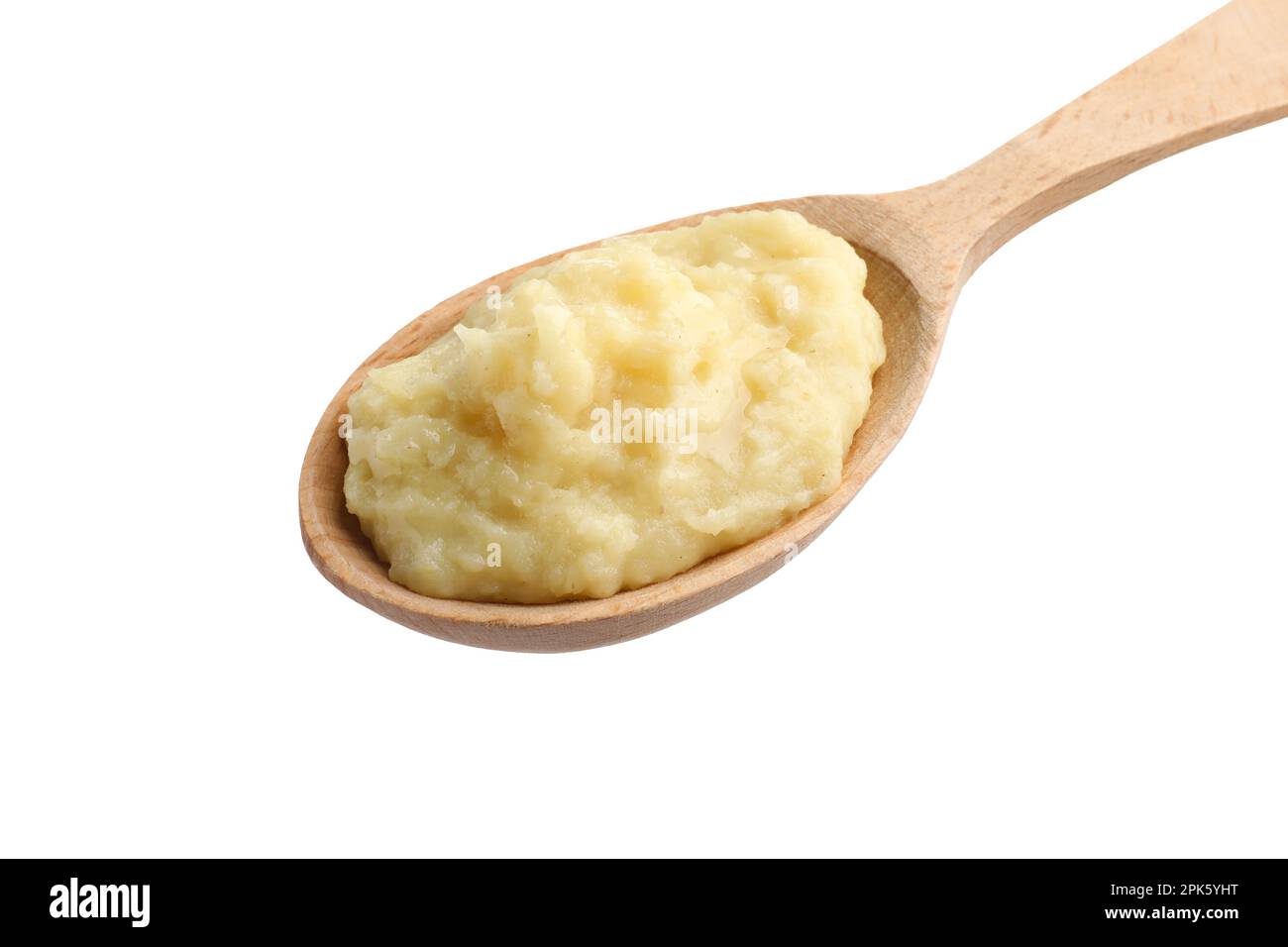 Wooden spoon of tasty mashed potatoes isolated on white Stock Photo - Alamy
