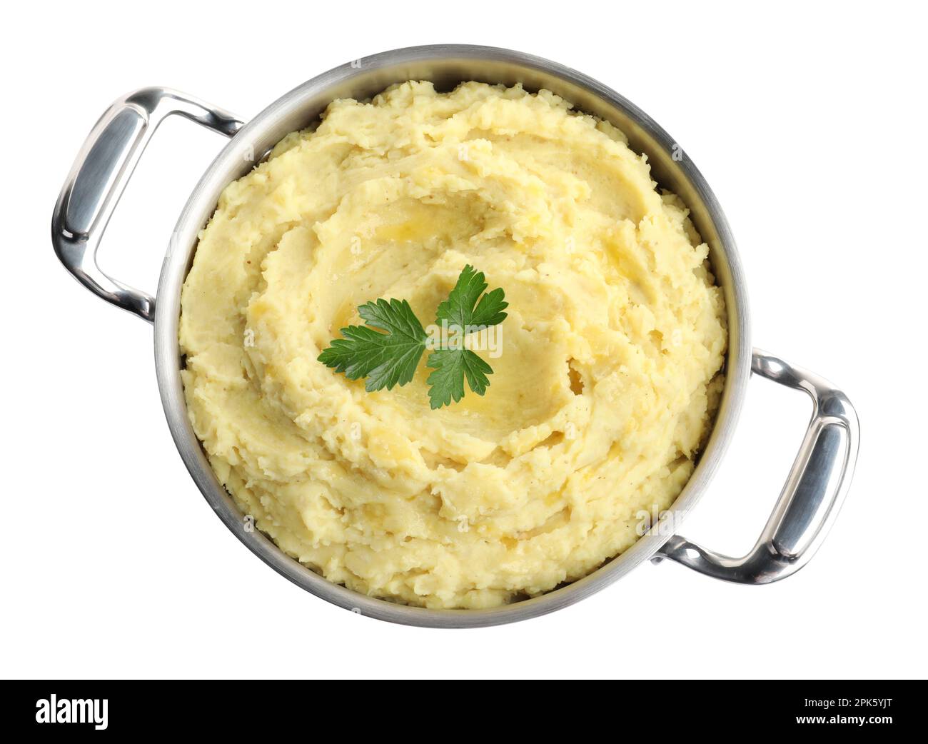 Pot of tasty mashed potatoes with parsley isolated on white, top view ...