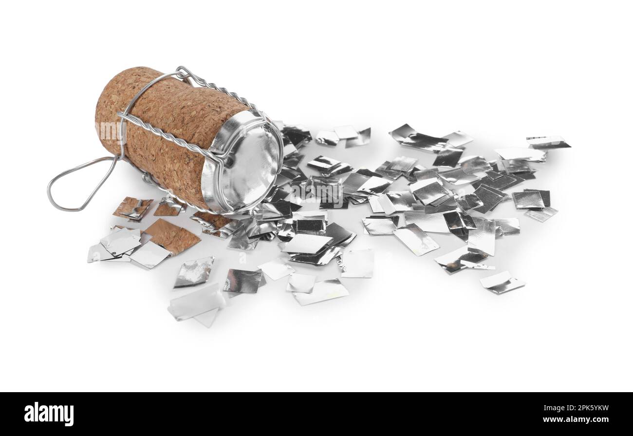 Cork of sparkling wine with muselet cap and shiny silver confetti on ...
