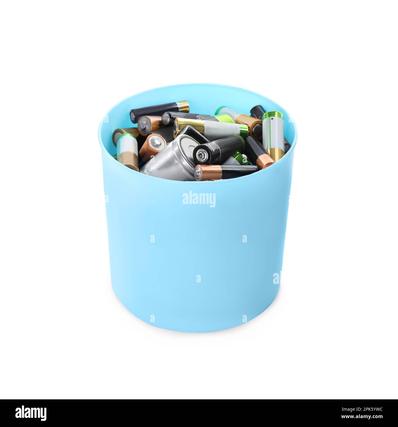 Used batteries in bucket on white background Stock Photo - Alamy