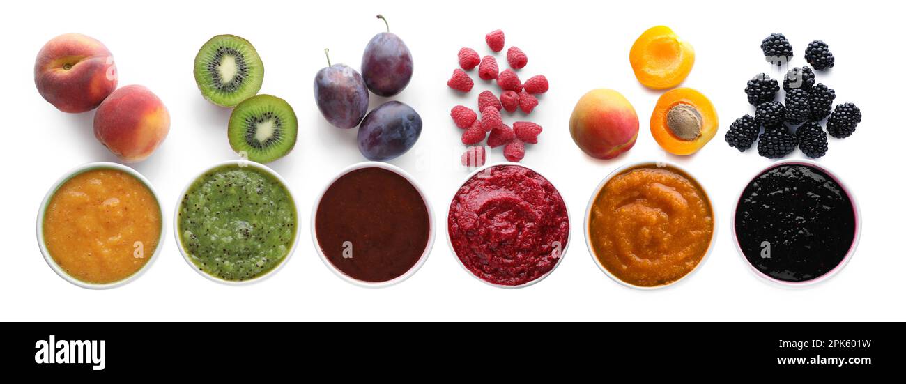 Set with different tasty fruit puree on white background, top view ...