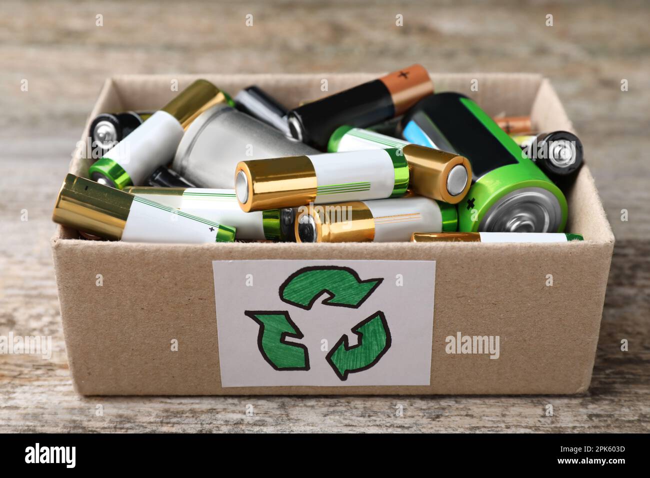 Used batteries in cardboard box with recycling symbol on wooden table ...