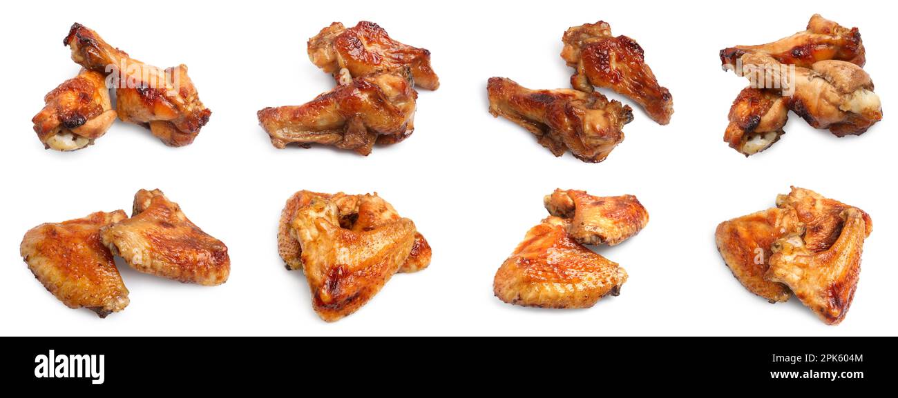 Set with tasty roasted chicken wings on white background. Banner design ...