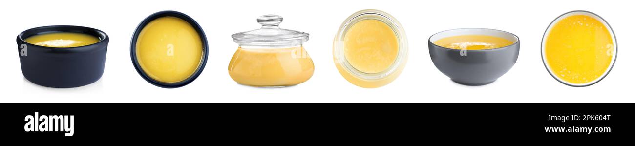 Set with tasty ghee butter on white background. Banner design Stock ...